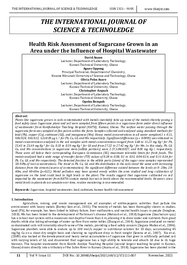(PDF) Health Risk Assessment of Sugarcane Grown in an Area under the ...