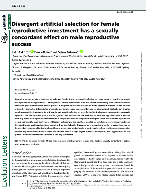 (PDF) Divergent artificial selection for female reproductive investment ...