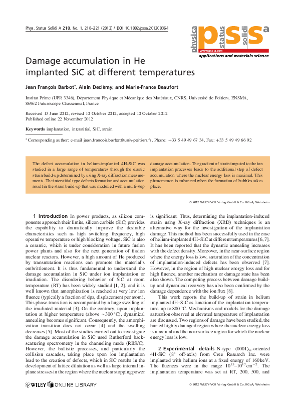 (PDF) Damage accumulation in He implanted SiC at different temperatures