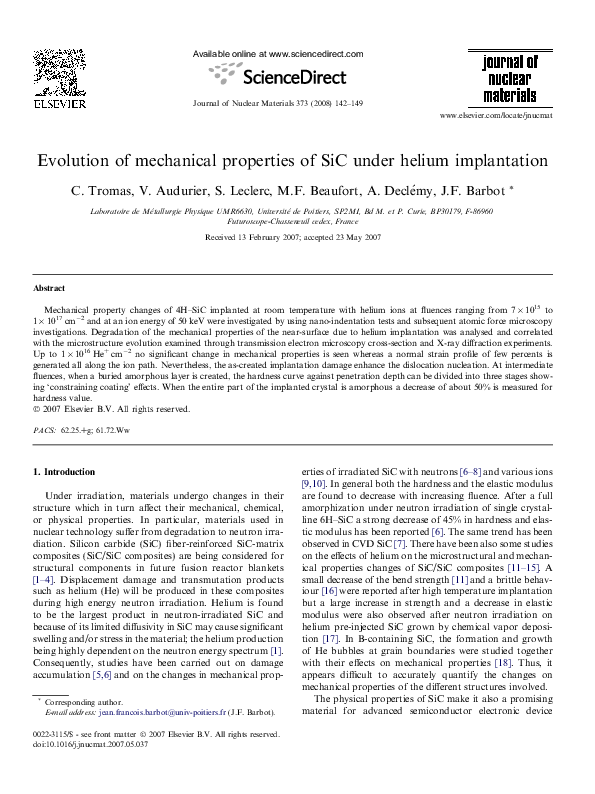 (PDF) Evolution of mechanical properties of SiC under helium implantation