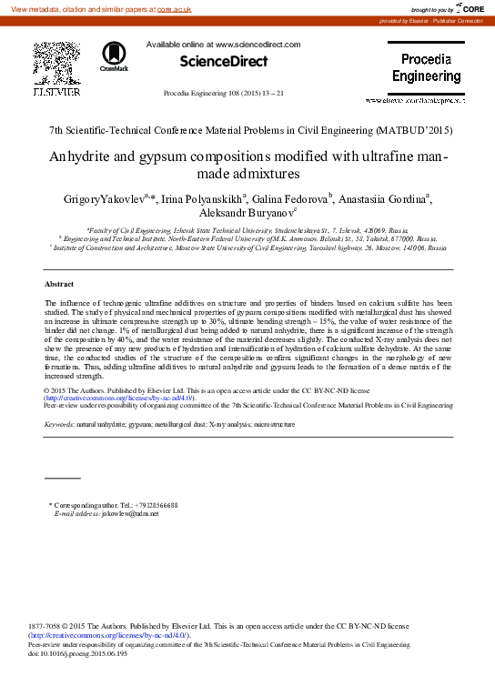 (PDF) Anhydrite and Gypsum Compositions Modified with Ultrafine Man-Made Admixtures | Ирина ...
