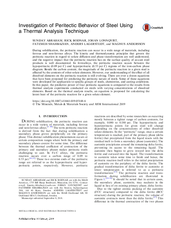 (PDF) Investigation of Peritectic Behavior of Steel Using a Thermal ...