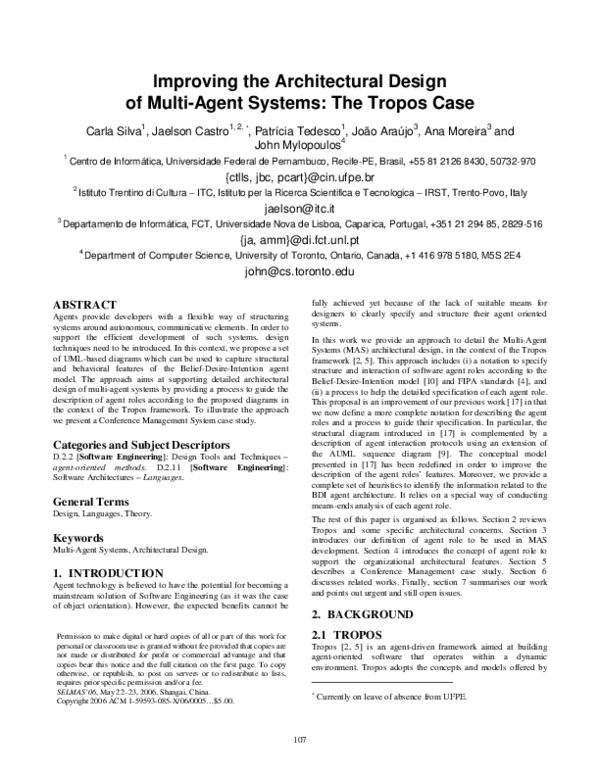 (PDF) Improving the architectural design of multi-agent systems