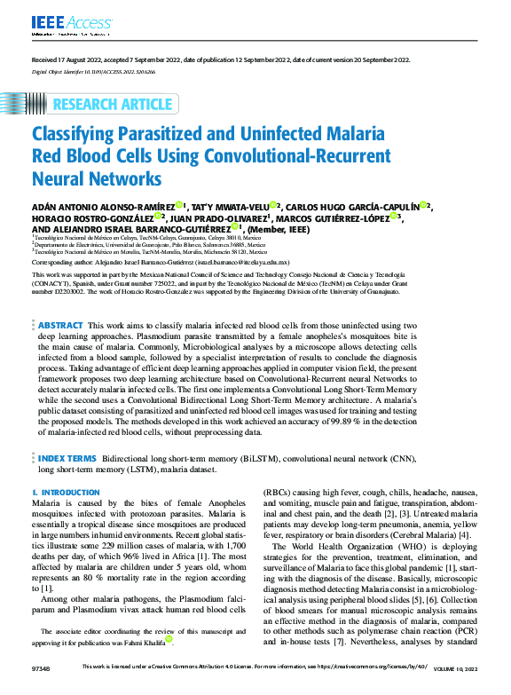 (PDF) Classifying Parasitized and Uninfected Malaria Red Blood Cells Using Convolutional ...