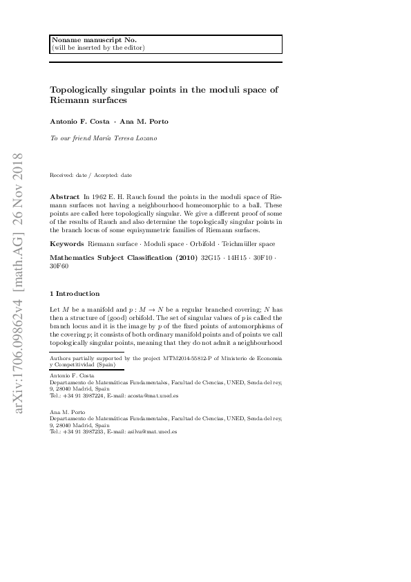 Pdf Topologically Singular Points In The Moduli Space Of Riemann Surfaces