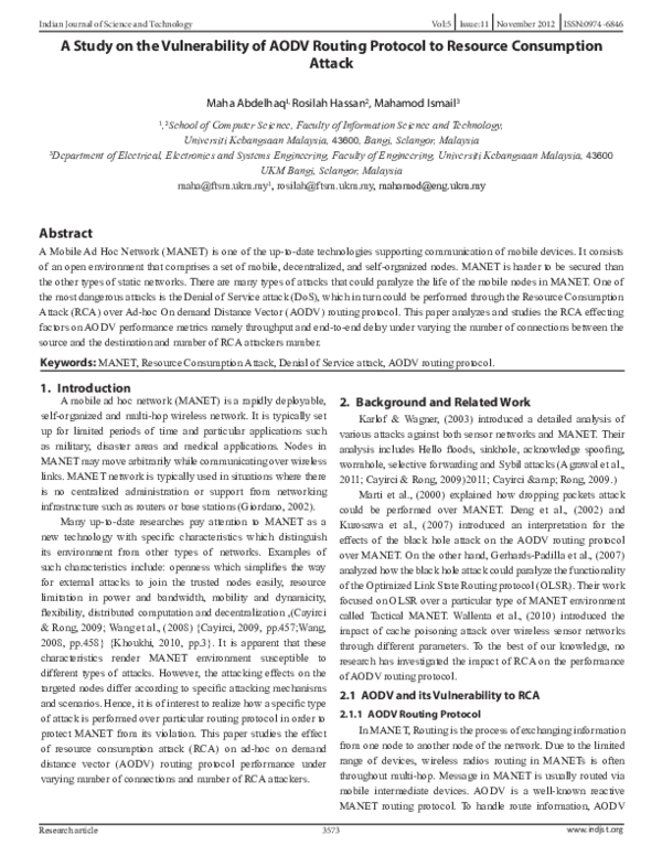 (PDF) A Study on the Vulnerability of AODV Routing Protocol to Resource Consumption Attack