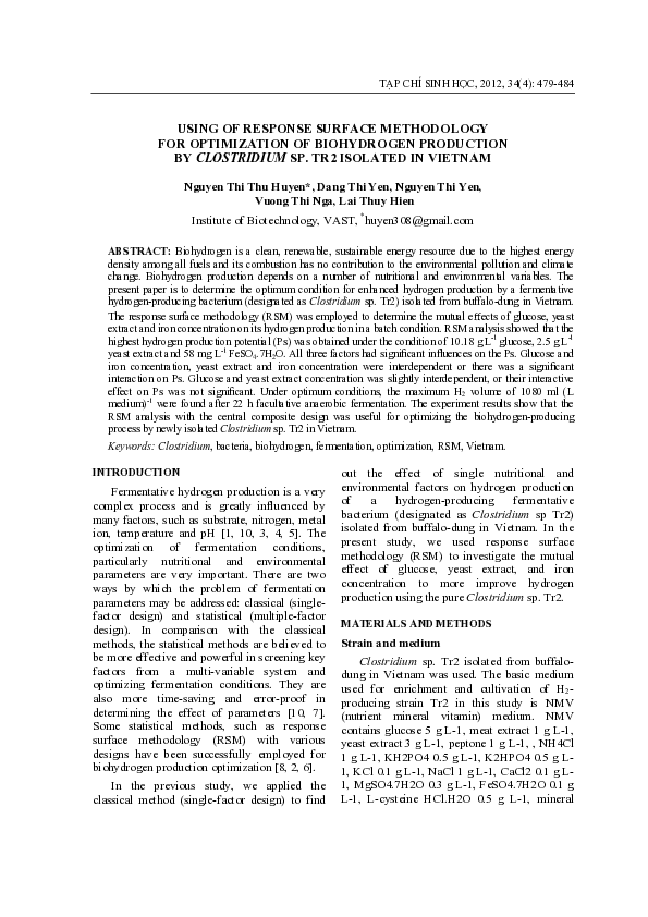 (PDF) Using of response surface methodology for optimization of biohydrogen production by ...