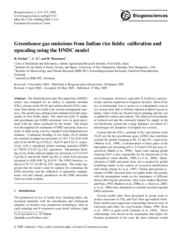 (PDF) Greenhouse gas emissions from Indian rice fields: calibration and ...