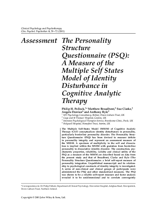 (PDF) The personality structure questionnaire (PSQ): a measure of the ...