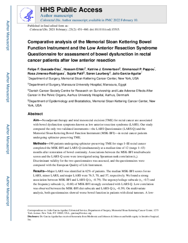 (PDF) Comparative analysis of the Memorial Sloan Kettering Bowel ...