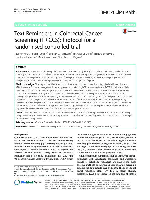 (PDF) Text Reminders in Colorectal Cancer Screening (TRICCS): Protocol ...