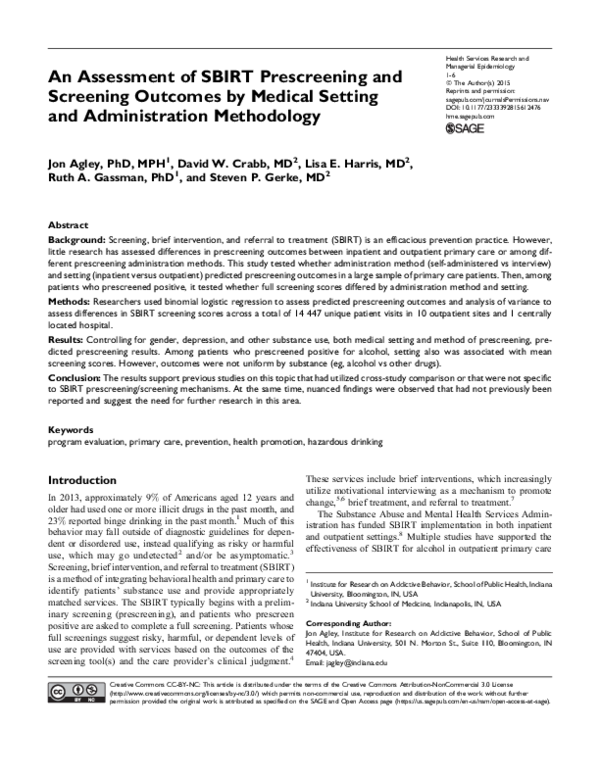 (PDF) An Assessment of SBIRT Prescreening and Screening Outcomes by ...