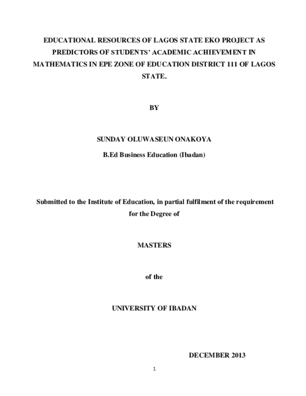 (PDF) EDUCATIONAL RESOURCES OF LAGOS STATE EKO PROJECT AS PREDICTORS OF STUDENTS' ACADEMIC ...