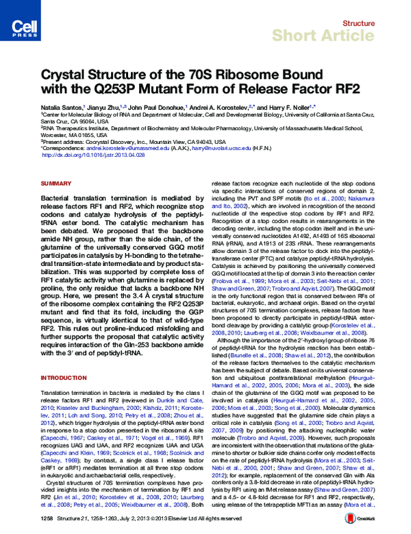 (PDF) 70S Ribosome Crystal Structure with RF2 Q253P Mutant