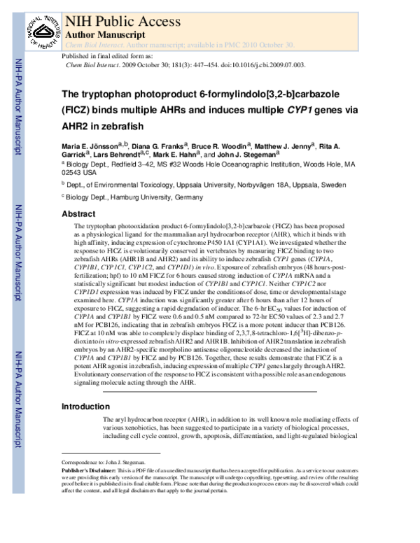 (PDF) FICZ Induces CYP1 Genes via AHR2 in Zebrafish