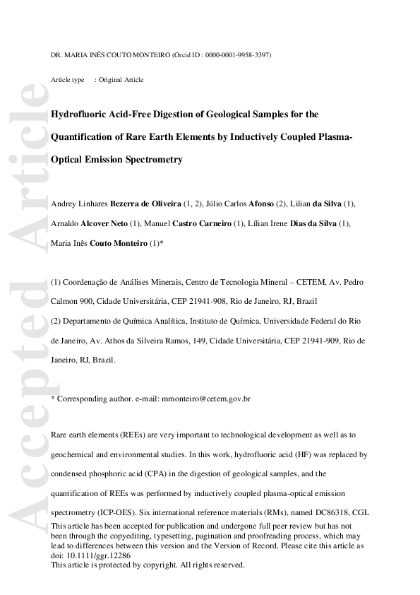 (PDF) Hydrofluoric Acid‐Free Digestion of Geological Samples for the ...