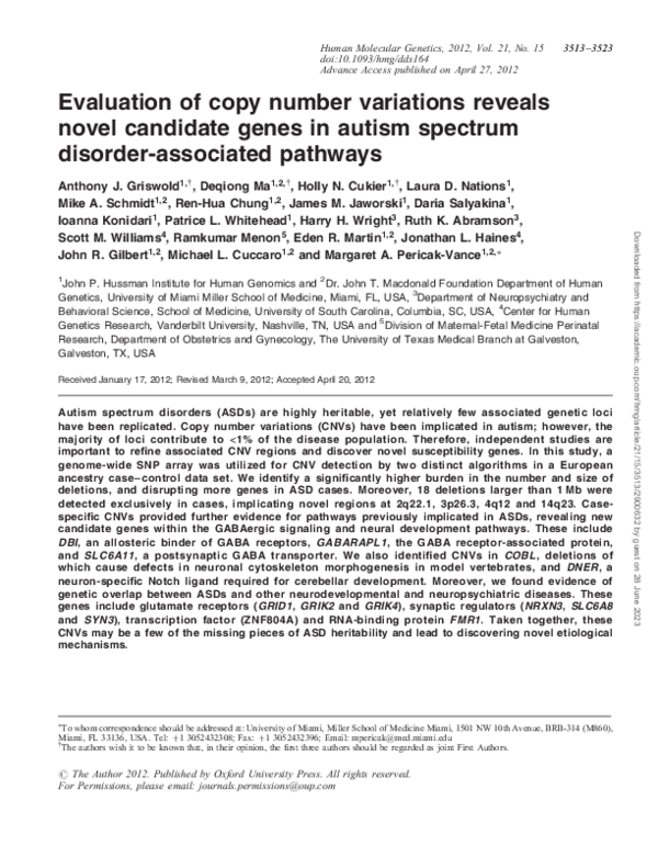 Pdf Evaluation Of Copy Number Variations Reveals Novel Candidate Genes In Autism Spectrum