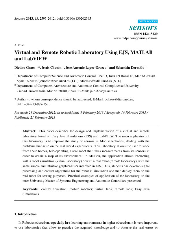 Pdf Virtual And Remote Robotic Laboratory Using Ejs Matlab And Labview