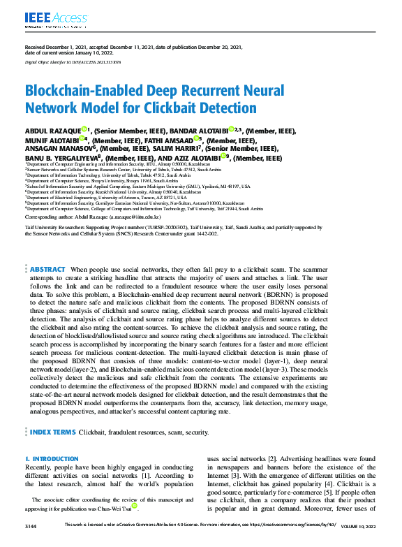 Pdf Blockchain Enabled Deep Recurrent Neural Network Model For Clickbait Detection Abdul