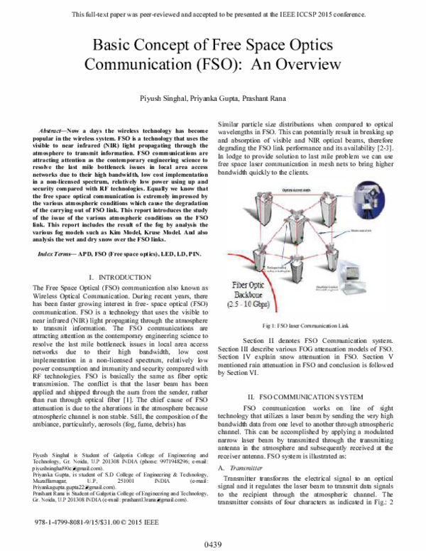 Pdf Basic Concept Of Free Space Optics Communication Fso An Overview
