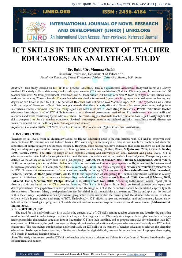 (PDF) ICT SKILLS IN THE CONTEXT OF TEACHER EDUCATORS: AN ANALYTICAL STUDY