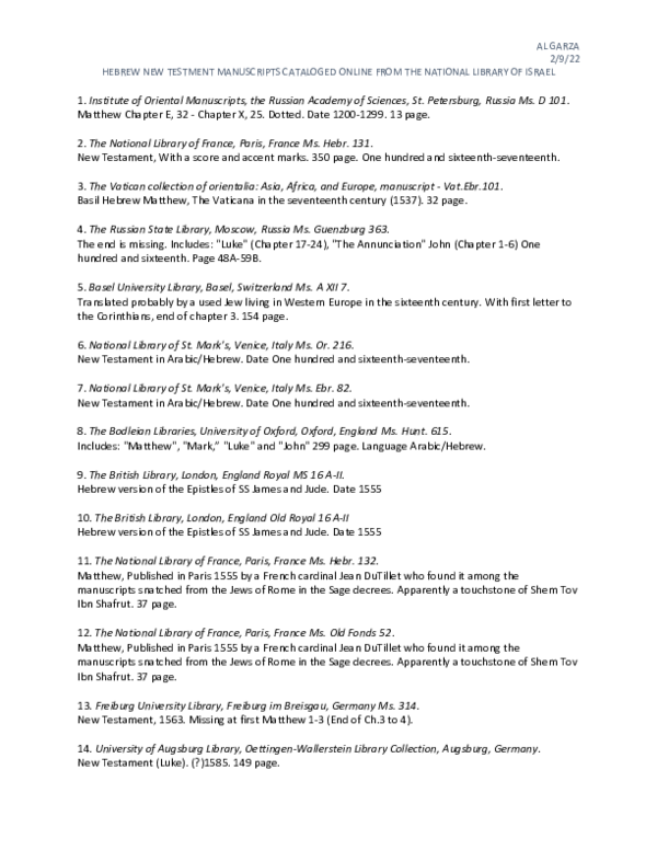 (PDF) Updated: Hebrew New Testament MSS Cataloged Online From The ...