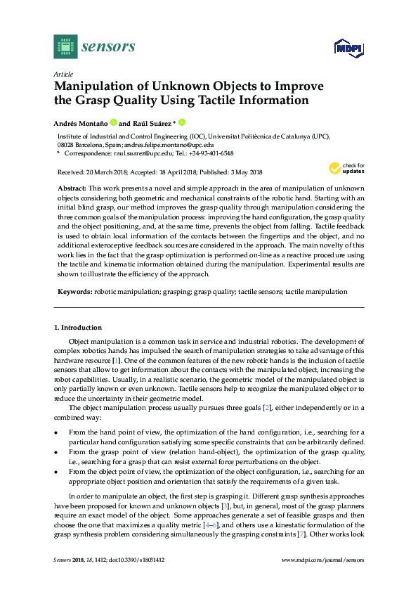 (PDF) Manipulation of Unknown Objects to Improve the Grasp Quality ...