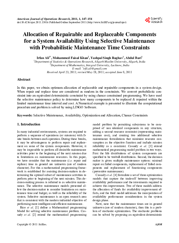 (PDF) Allocating Repairable and Replaceable Components for a System Availability using Selective ...