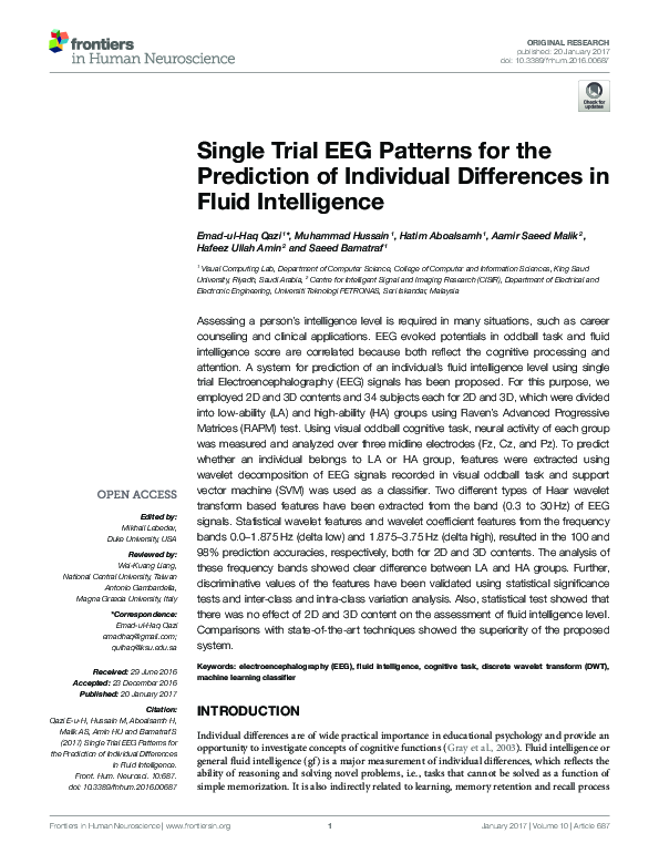 (PDF) Single Trial EEG Patterns for the Prediction of Individual Differences in Fluid Intelligence