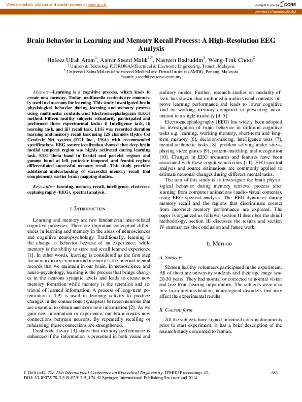 (PDF) Brain Behavior in Learning and Memory Recall Process: A High-Resolution EEG Analysis