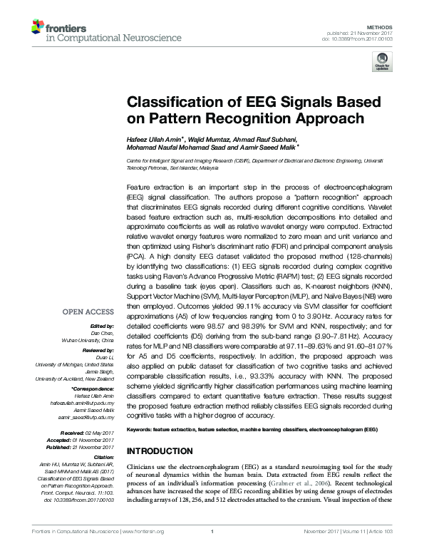 Pdf Classification Of Eeg Signals Based On Pattern Recognition Approach