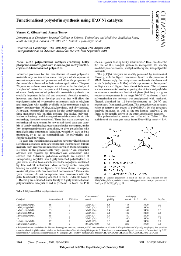 (PDF) Functionalised polyolefin synthesis using [P,O]Ni catalysts ...