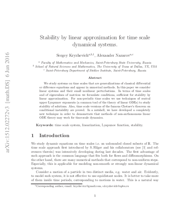(PDF) Stability by linear approximation for time scale dynamical systems
