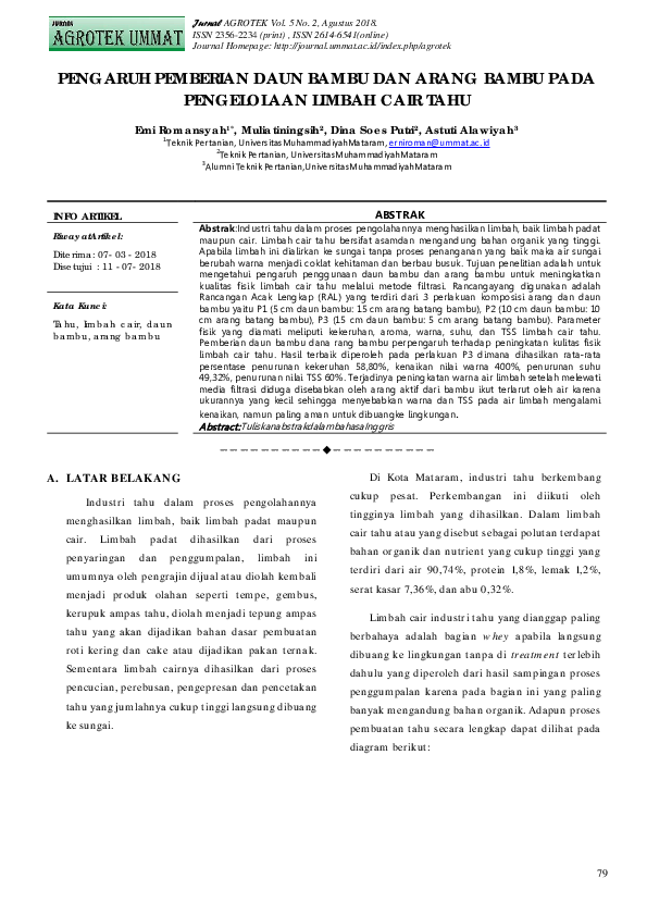 (PDF) Pengaruh Pemberian Daun Bambu Dan Arang Bambu Pada Pengelolaan Limbah Cair Tahu