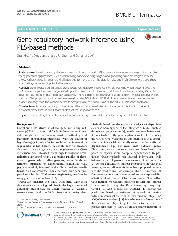(PDF) Gene regulatory network inference using PLS-based methods