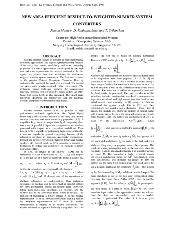 (PDF) New area efficient residue-to-weighted number system converters | Damu Radhakrishnan ...