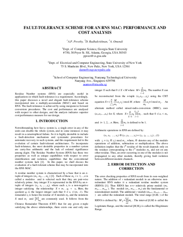 (PDF) Fault-tolerance scheme for an RNS MAC: performance and cost analysis