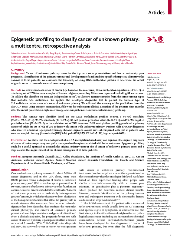 (PDF) Epigenetic profiling to classify cancer of unknown primary: a ...