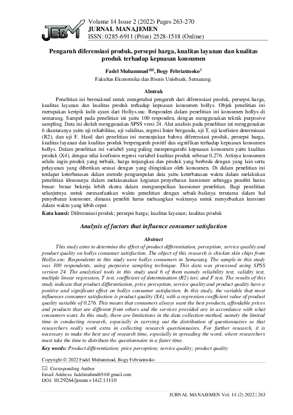 (PDF) Pengaruh diferensiasi produk, persepsi harga, kualitas layanan dan kualitas produk ...