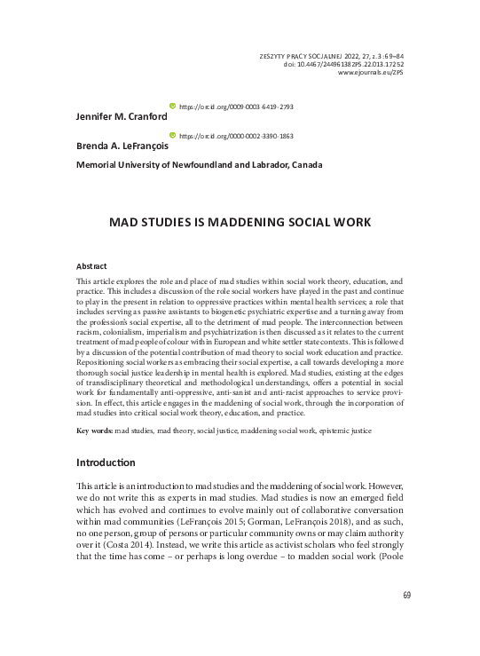 (PDF) Mad Studies is Maddening Social Work