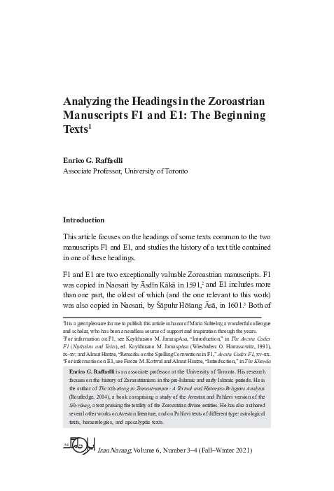 (PDF) Analyzing the Headings in the Zoroastrian Manuscripts F1 and E1 ...