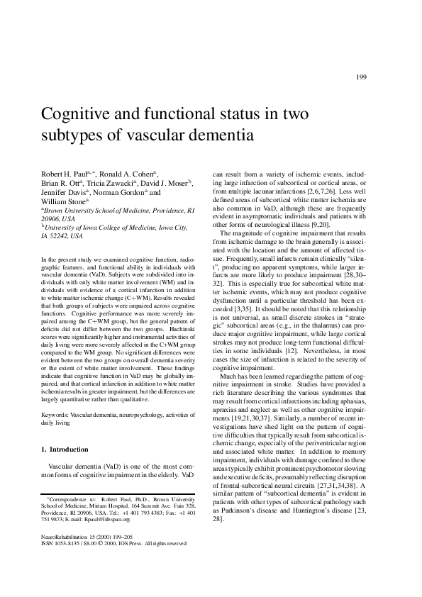 Pdf Cognitive And Functional Status In Two Subtypes Of Vascular Dementia