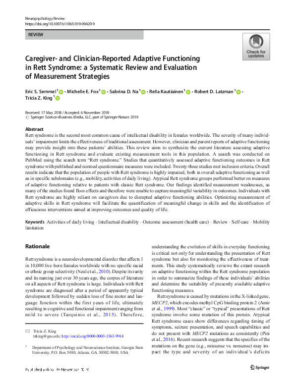 (PDF) Caregiver- and Clinician-Reported Adaptive Functioning in Rett ...