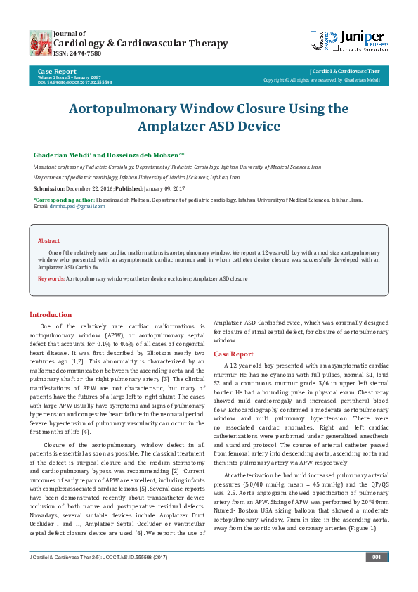 (PDF) Aortopulmonary Window Closure Using the Amplatzer ASD Device