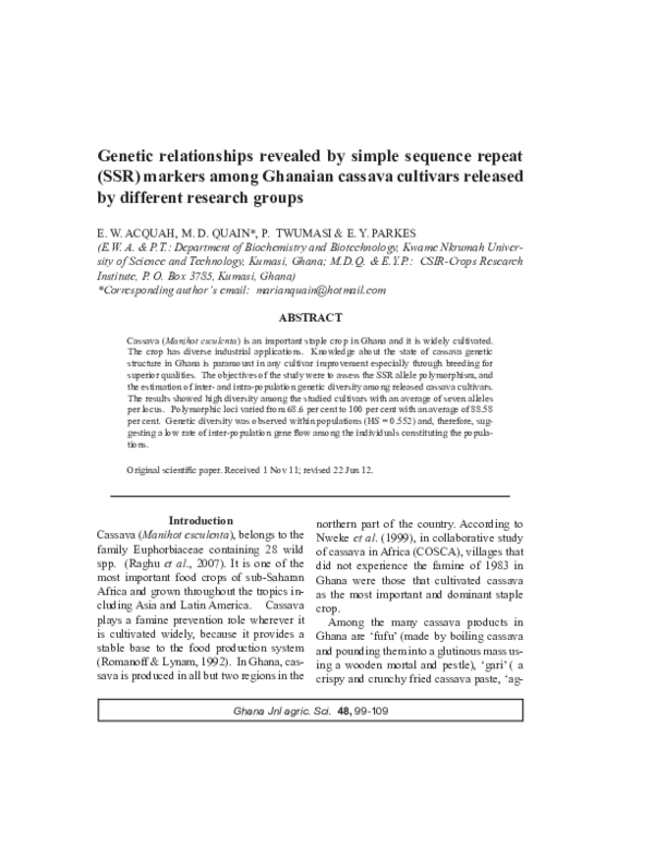 (PDF) Genetic relationships revealed by simple sequence repeat (SSR) markers among Ghanaian ...