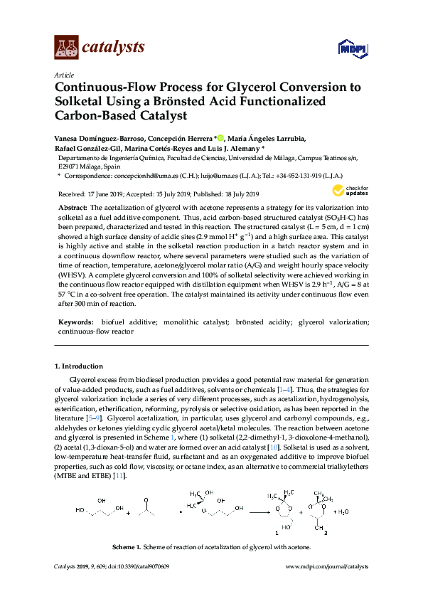 (PDF) Continuous-Flow Process for Glycerol Conversion to Solketal Using ...