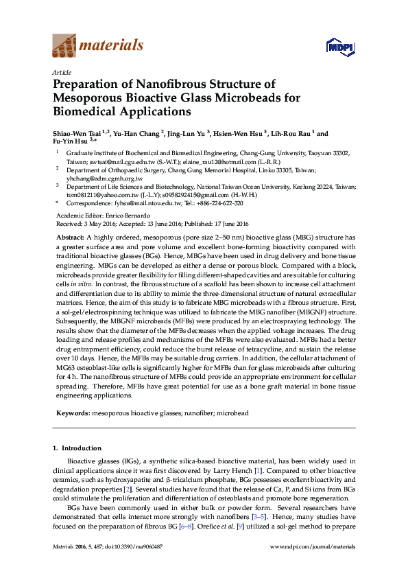 (PDF) Preparation of Nanofibrous Structure of Mesoporous Bioactive Glass Microbeads for ...