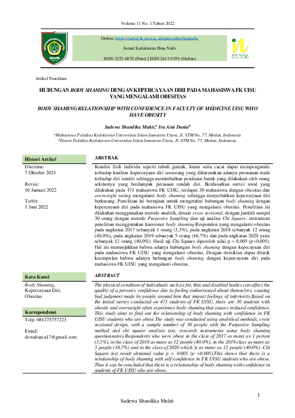 (PDF) Hubungan Body Shaming Dengan Kepercayaan Diri Pada Mahasiswa FK Uisu Yang Mengalami ...