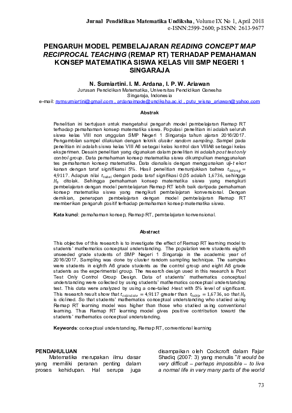 (PDF) Pengaruh Model Pembelajaran Reading Concept Map Reciprocal Teaching (Remap RT) Terhadap ...