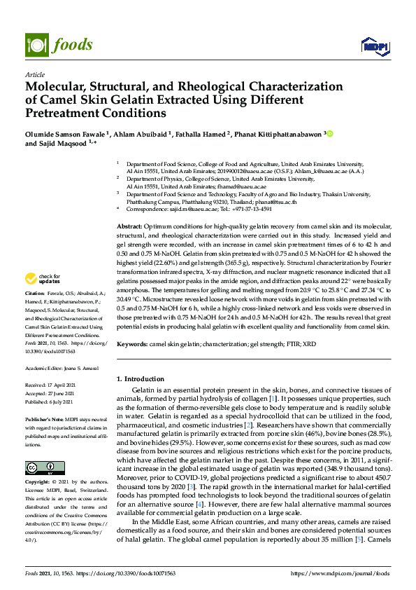 (PDF) Molecular, Structural, and Rheological Characterization of Camel Skin Gelatin Extracted ...